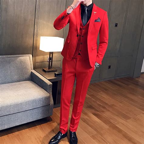 Three Piece Red Evening Party Men Suits 2018 Peaked Lapel Trim Fit