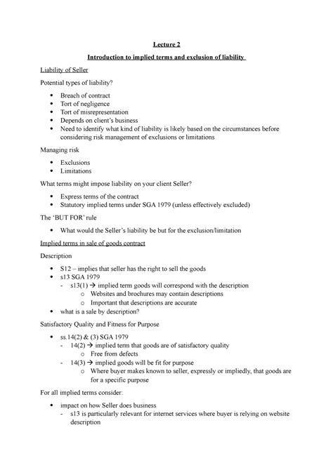 lecture 2 introduction to implied terms and exclusion of liability