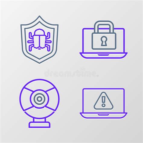 Set Line Laptop With Exclamation Mark Security Camera And Lock And