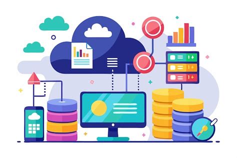 Illustration Showing Cloud Database Storage Analysis With Devices And Data Visualizations In