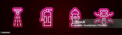 세트 라인 화재 스프링클러 소화기 소화전 및 전기 스파크 빛나는 네온 아이콘입니다 벡터 거리에 대한 스톡 벡터 아트 및 기타