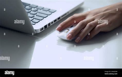 Left Handed Female Using Wireless Mouse With Laptop Modern Personal Computer Stock Photo Alamy