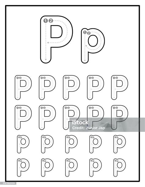 대문자와 소문자 문자 연습 페이지 편지 P가 있는 어린이를 위한 알파벳 추적 워크시트 0명에 대한 스톡 벡터 아트 및 기타