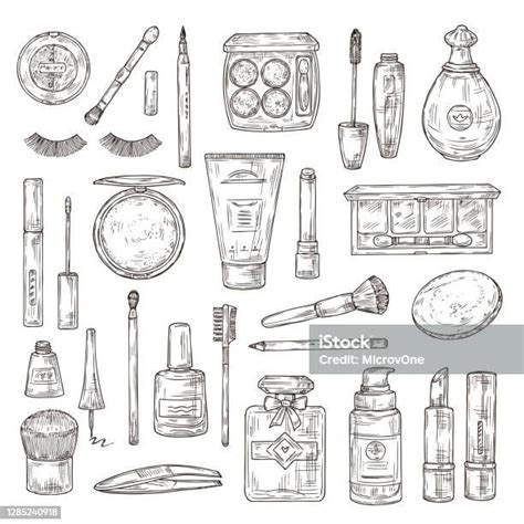 스케치 화장품 거짓 속눈썹 립스틱과 향수 파우더와 메이크업 브러쉬 매니큐어 파운데이션 및 핀셋 낙서 벡터 세트 그리기에 대한 스톡 벡터 아트 및 기타 이미지 Istock