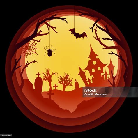 종이 예술 유령의 집 무덤 죽은 나무 가지 묘지와 할로윈 배경 현대 종이 잘라 할로윈 파티 스타일 전단지 나 초대장 서식 파일