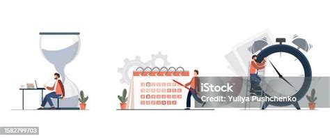 달력 알람 시계 모래시계 계획 및 일정 개념 프리랜서 작업 개념 평면 벡터 일러스트레이션 근처에서 일하는 사람들과 함께 설정 달력에 대한 스톡 벡터 아트 및 기타 이미지