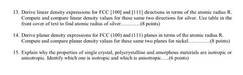 Solved Derive Linear Density Expressions For FCC Chegg