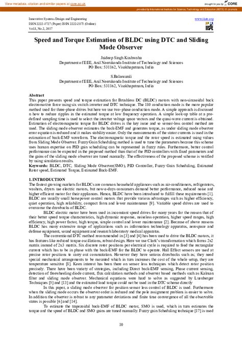 Pdf Speed And Torque Estimation Of Bldc Using Dtc And Sliding Mode Observer