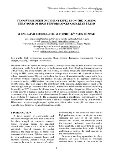 Pdf Transverse Reinforcement Effects On The Loading Behaviour Of High Performances Concrete Beams