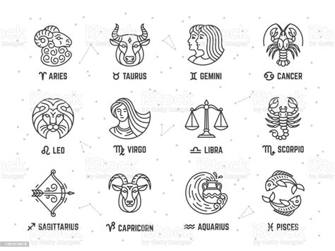조디악 징후 점성술 표지판 및 별자리 양자리 암 천칭 자리 난소 운세 기호 처녀자리 물고기자리 및 물병자리 절연 깔끔한 벡터 세트 점성술 기호에 대한 스톡 벡터 아트 및