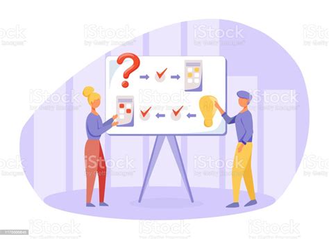 플랫 벡터 일러스트레이션을 브레인스토밍합니다 논리적 사고 원칙 프레 젠 테이 션 사람들은 프로젝트에 대해 논의합니다 상사와 직원 검색 솔루션 아이디어를 생성 추론 동료 만화