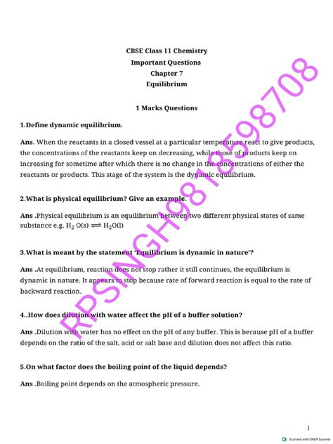 Equilibrium Important Questions Pdf