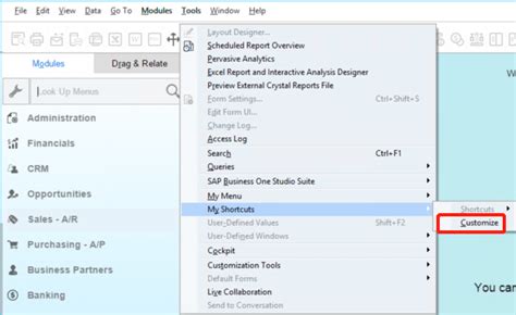 Customize Shortcuts In Sap Business One Sap B1 Mtc Systems