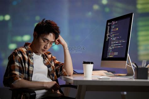 Male Programmer Staying Up Late Working Overtime And Dozing Off Picture And HD Photos Free
