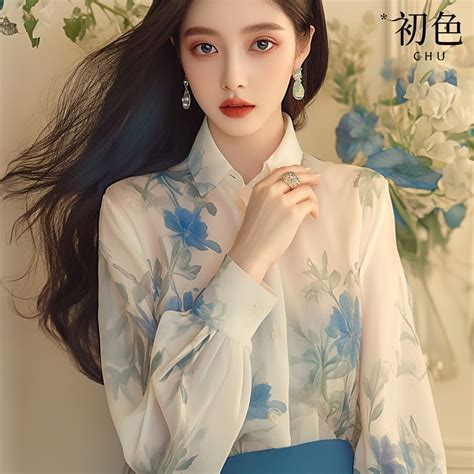 初色 法式藍色碎花印花翻領長袖襯衫寬鬆上衣女上衣 花色 37092m 2xl可選 長袖 Yahoo奇摩購物中心