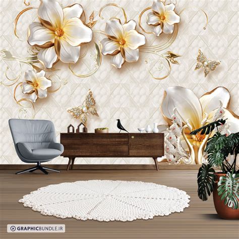 پوستر دیواری با پس زمینه کاشی لوزی و گل و بوته با گل های لوکس سفید با حاشیه طلایی و برگ و پروانه