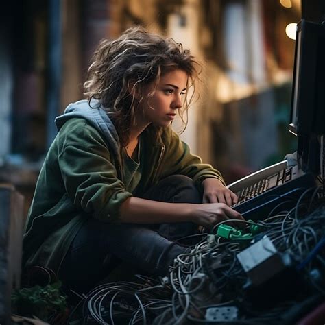 Premium Ai Image A Girl Programming A Cobbled Together Computer