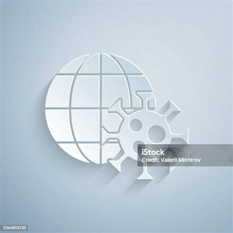 종이 회색 배경에 고립 된 바이러스 아이콘으로 지구 지구를 잘라 코로나 바이러스 2019ncov 박테리아와 세균 세포암 미생물 곰팡이 종이 아트 스타일 벡터 3차원 형태에