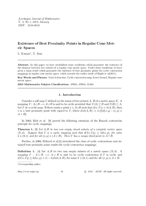 Pdf Existence Of Best Proximity Points In Regular Cone Metric Spaces