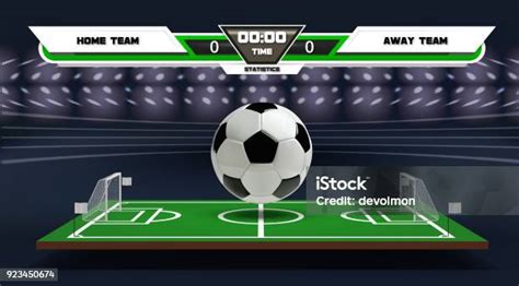 축구 또는 축구 게임의 Infographic 요소와 3d 볼 필드 스포츠 게임입니다 축구 경기장 스포트라이트와 점수 판 배경 벡터 일러스트 레이 션 3차원 형태에 대한 스톡