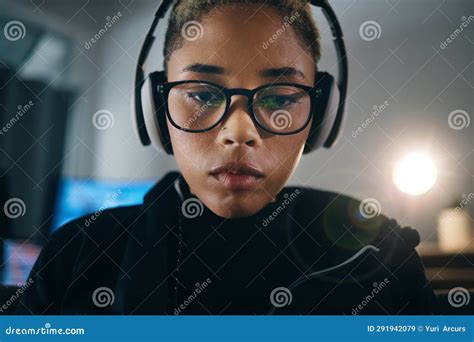 Hacker Woman Thinking And Night For Coding Headphones Or Idea For