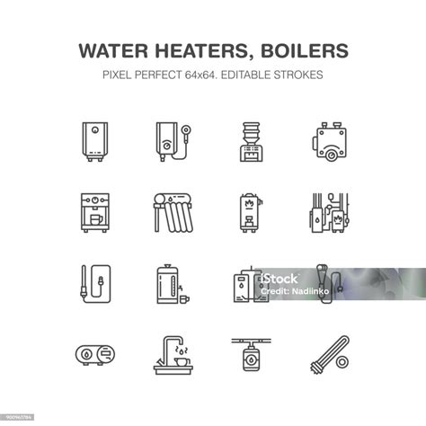 물 보일 러 온도 전기 가스 태양 히터 및 난방 가전 기타 집 라인 아이콘 얇은 선형 그림 장비가 서명 한다 픽셀 완벽 한 64 X 64 보일러에 대한 스톡 벡터 아트 및
