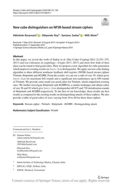 New Cube Distinguishers On Nfsr Based Stream Ciphers Request Pdf