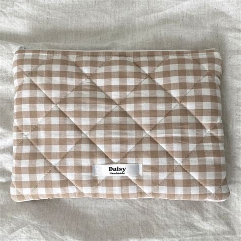 Quilted Laptop Ipad Tablet Sleeve In Purple Gingham With Ivory Cotton