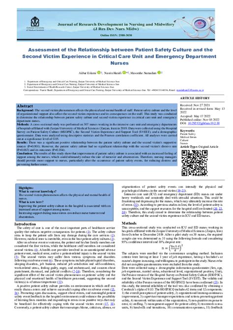 Pdf Assessment Of The Relationship Between Patient Safety Culture And The Second Victim