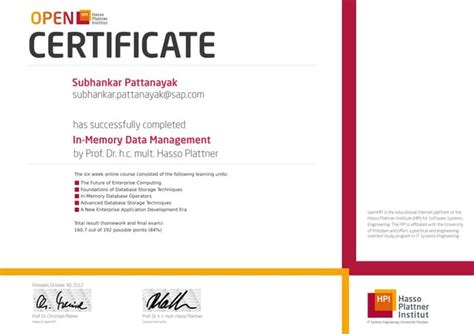in memory data management certificate ppt