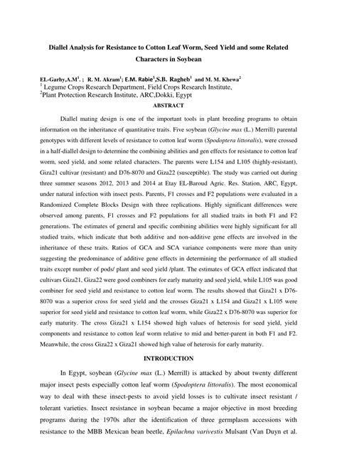 Pdf Diallel Analysis For Resistance To Cotton Leaf Worm Seed Yield