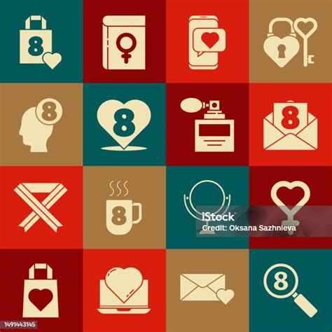 3월 8일 검색 여성 성별 기호 봉투 온라인 데이트 앱 및 채팅 하트 사람의 머리 쇼핑백 하트 및 향수 아이콘을 설정합니다 벡터 3월에 대한 스톡 벡터 아트 및 기타 이미지