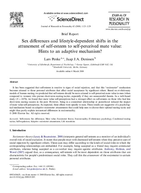 Pdf Self Esteem And Mate Value Gender Insights