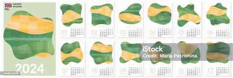 클래식 월간 2024 에코 그린 캘린더 모형 또는 24년 농업 칼렌더 템플릿 한 주가 월요일에 시작됩니다 수직 생태 플래너 레이아웃 유럽 영어 그레고리력 연간 달력 0명에