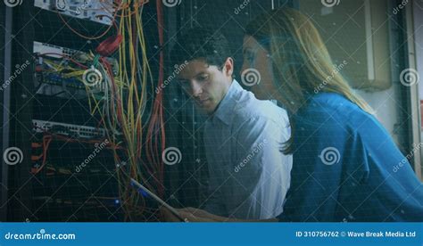 Image Of Scope Scanning Circuit Board Over Caucasian It Man And Woman