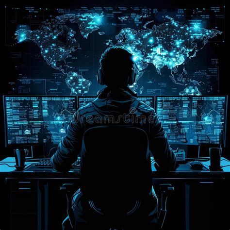 a hacker sitting at his desk in the dark with several monitors on which he is working on an