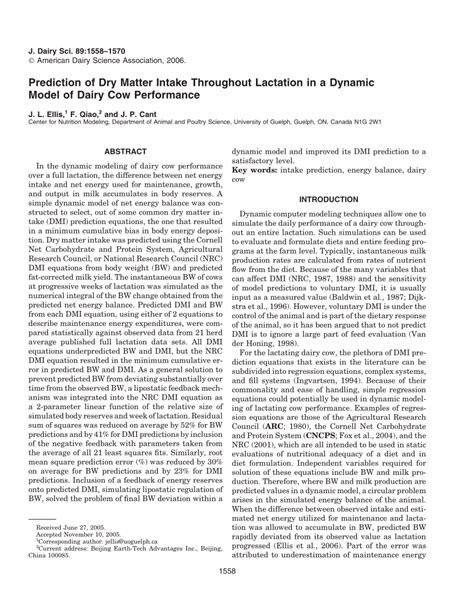 Pdf Prediction Of Dry Matter Intake Throughout Lactation In A Dynamic Model Of Dairy Cow