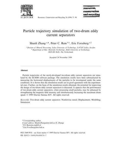 Pdf Particle Trajectory Simulation Of Two Drum Eddy Current Separators Dokumentips