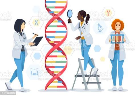 아프리카 계 미국인 여성 의사 캐릭터가 돋보기로 Dna를 테스트하고 있습니다 시험관을 가진 과학자 과학 실험실 화학 과학자 및 임상 실험실 Dna에 대한 스톡 벡터 아트 및