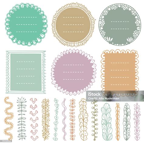 흰색 배경에 격리된 글머리 기호 일지 노트북 일기 및 플래너용 낙서 프레임 비네팅 및 구분기호 집합입니다 Bullet Journal에 대한 스톡 벡터 아트 및 기타 이미지