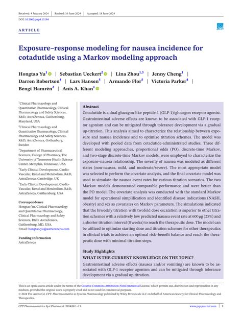 pdf exposure response modeling for nausea incidence for cotadutide using a markov modeling