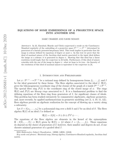Pdf Equations Of Some Embeddings Of A Projective Space Into Another One