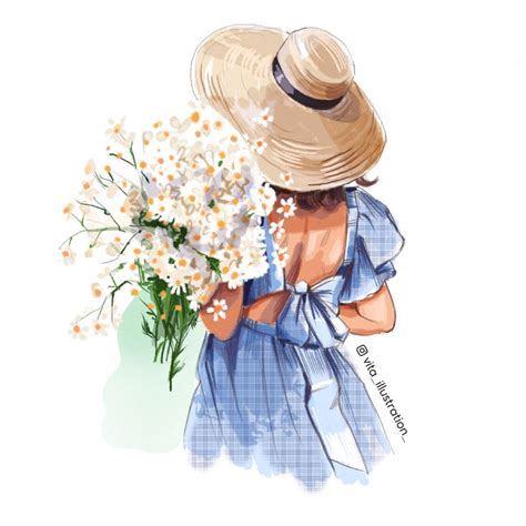 Девушка в шляпе со спины с букетом ромашек Fashion Art Illustration Digital Art Girl Girly Art