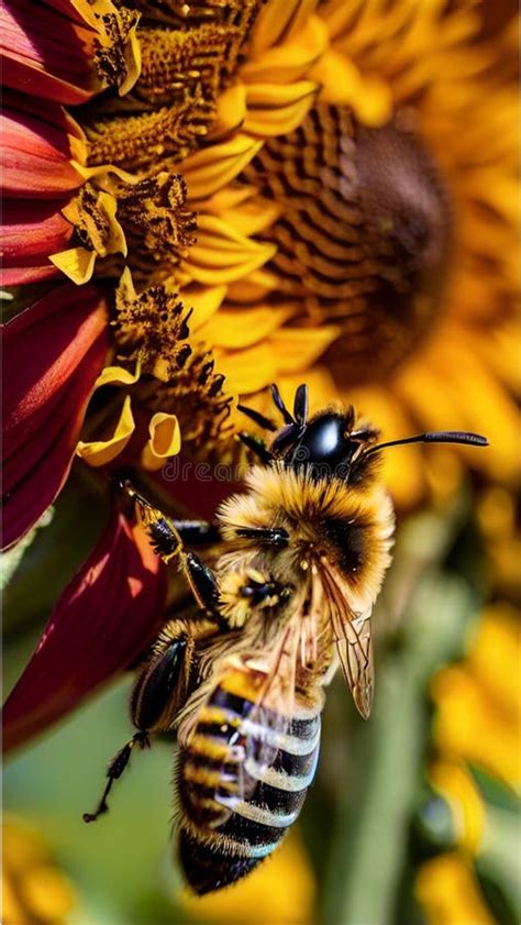 A Macro Shot Of A Honeybee On A Sunflower Illustration Artificial Intelligence Artwork Generated