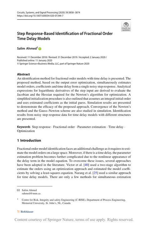Step Response Based Identification Of Fractional Order Time Delay Models Request Pdf