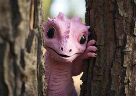 Premium Photo A Pink Dino Playfully Peeking Out From Behind A Tree Trunk Captured In A Candid