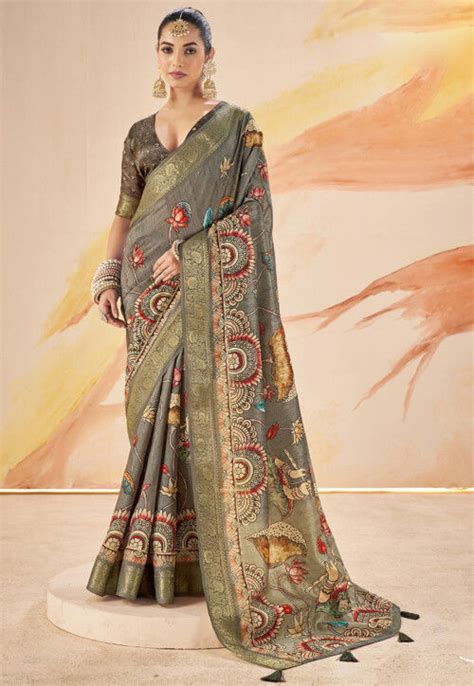 Buy Digital Printed Art Silk Saree In Grey Online Ssea6723 Utsav