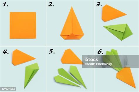 부활절 인사말을 위한 종이 접기 종이 책갈피 형태를 당근으로 만드는 방법 어린이 예술 프로젝트 Diy 개념 단계별 사진 지시 종이접기에 대한 스톡 사진 및 기타 이미지