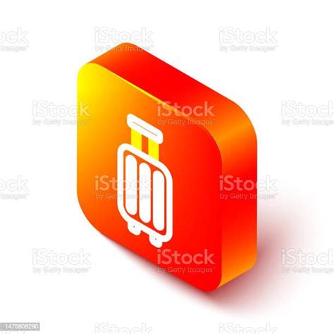 흰색 배경에 격리 된 여행 아이콘에 대한 등색 라인 가방 여행 수하물 표지판 여행 수하물 아이콘 주황색 정사각형 버튼 벡터 3차원 형태에 대한 스톡 벡터 아트 및 기타