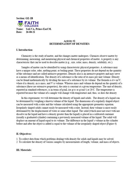 Activity 1 Density Pdf Density Volume